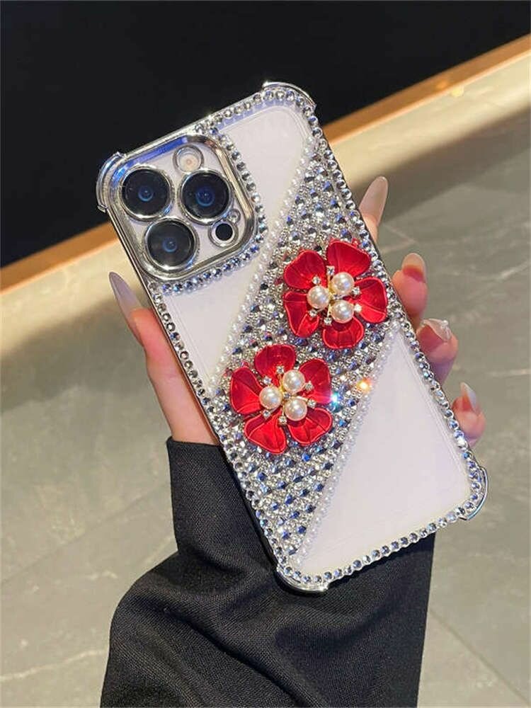 Чехол для iPhone 13 Pro Max/Айфон 13 Про Макс ,3D стереоузор с браслетом, Бриллиантовые цветы против падения Case