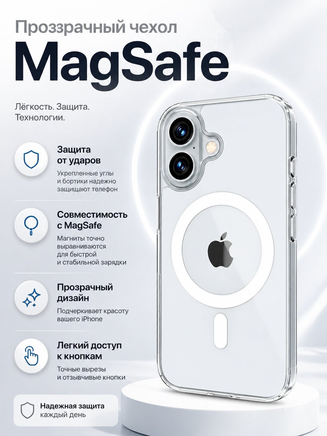 Чехол на Айфон 16 с поддержкой MagSafe / магсейф для iPhone 16, прозрачный, противоударный