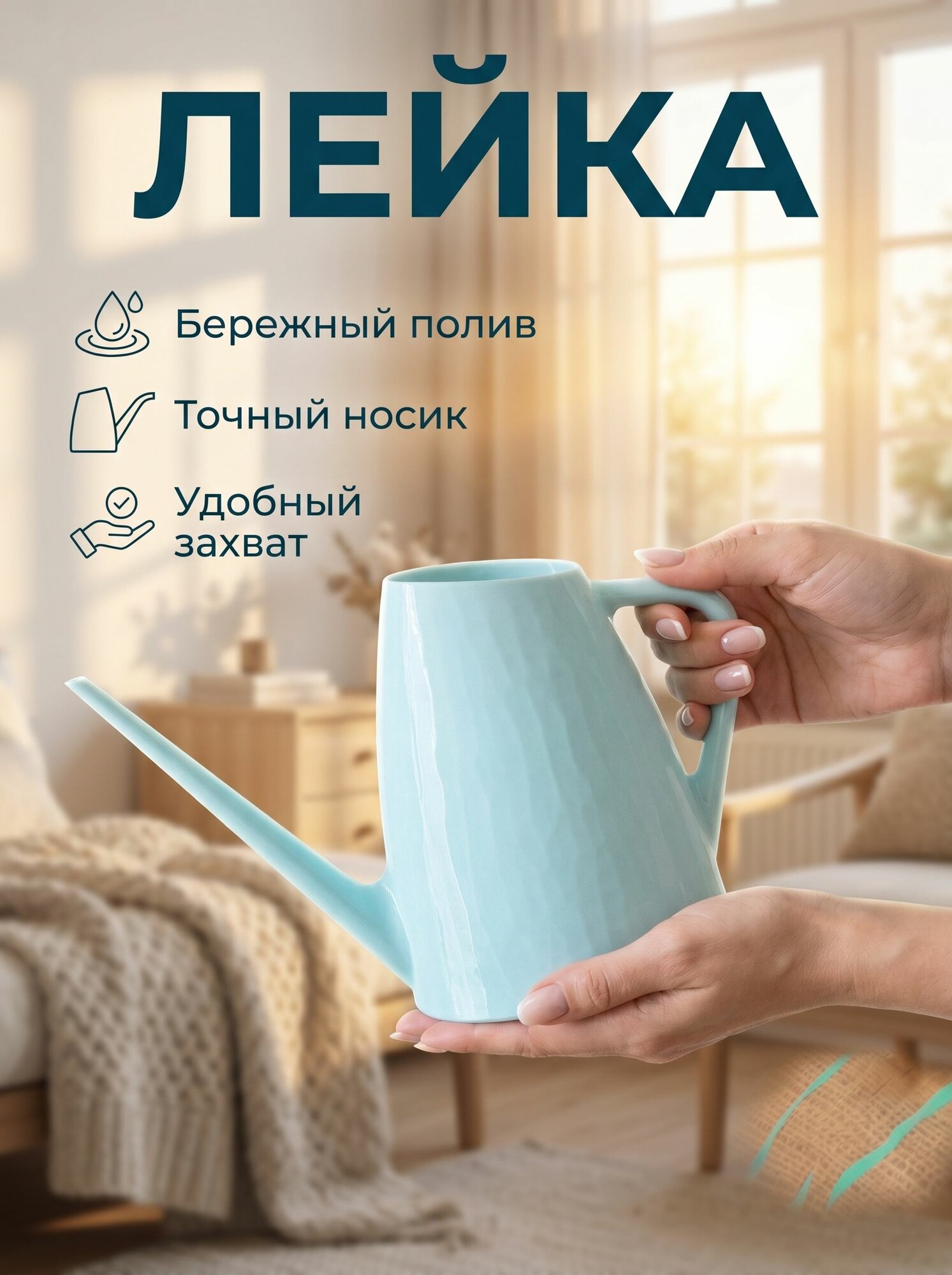 Лейка для комнатных растений "Забота о ваших растениях", голубая, пластик, 800 мл