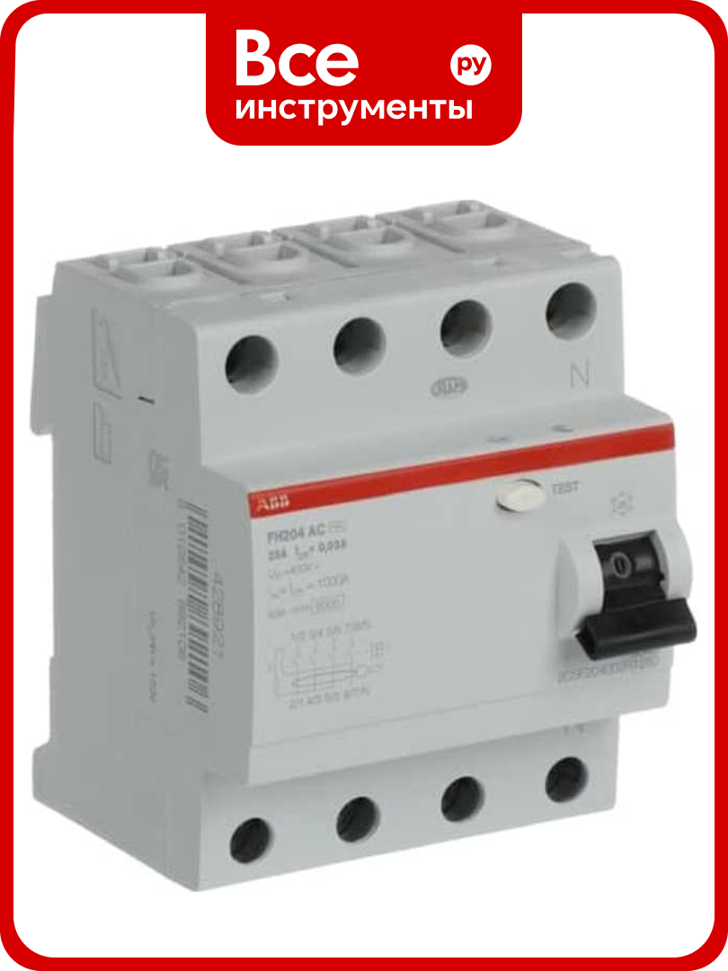 Выключатель дифференциального тока 4 модуля ABB FH204 AC-25/0,03 2CSF204002R1250 модульный защита IP2X DIN‑рейка
