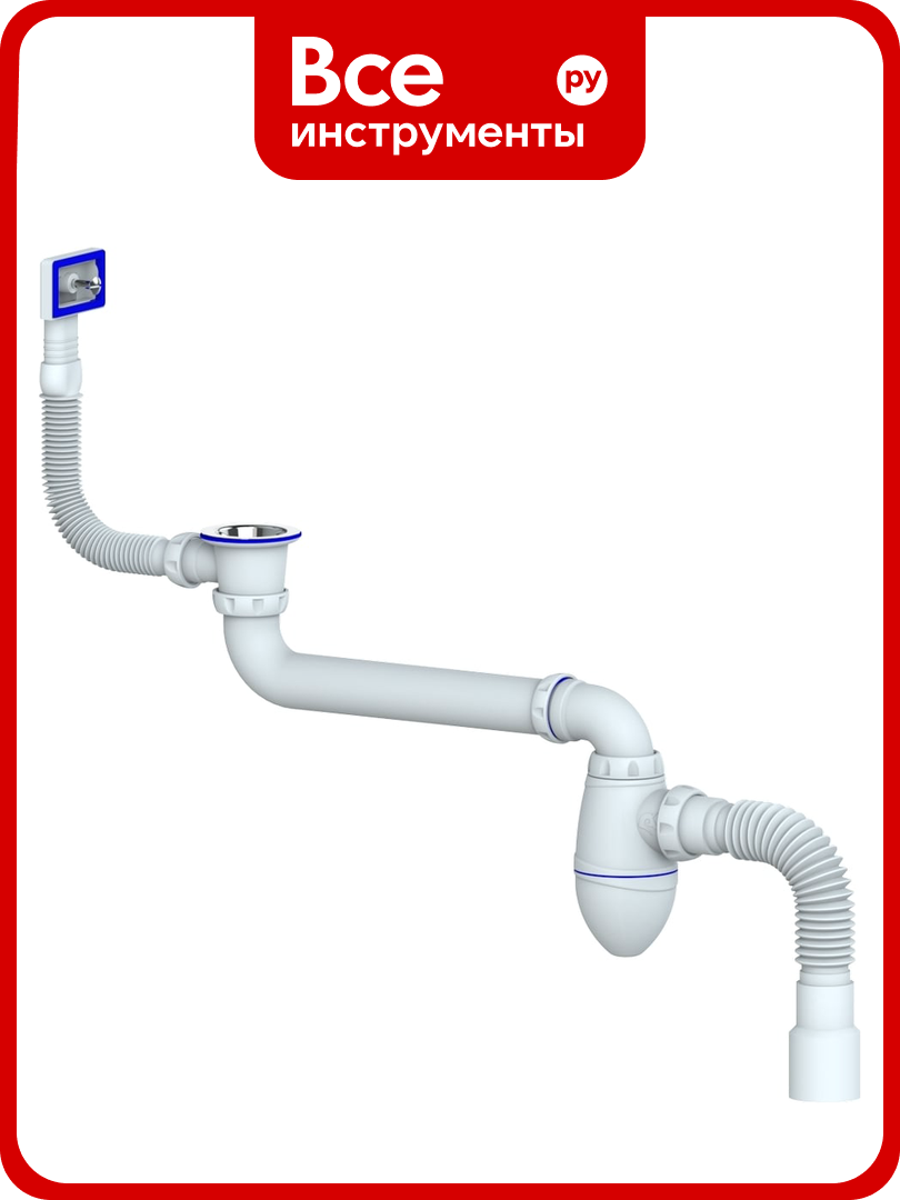 Сифон Unicorn 1 1/2 ac22 со смещением, прямоугольный перелив, с гофрой 40x40/50 553591, серый