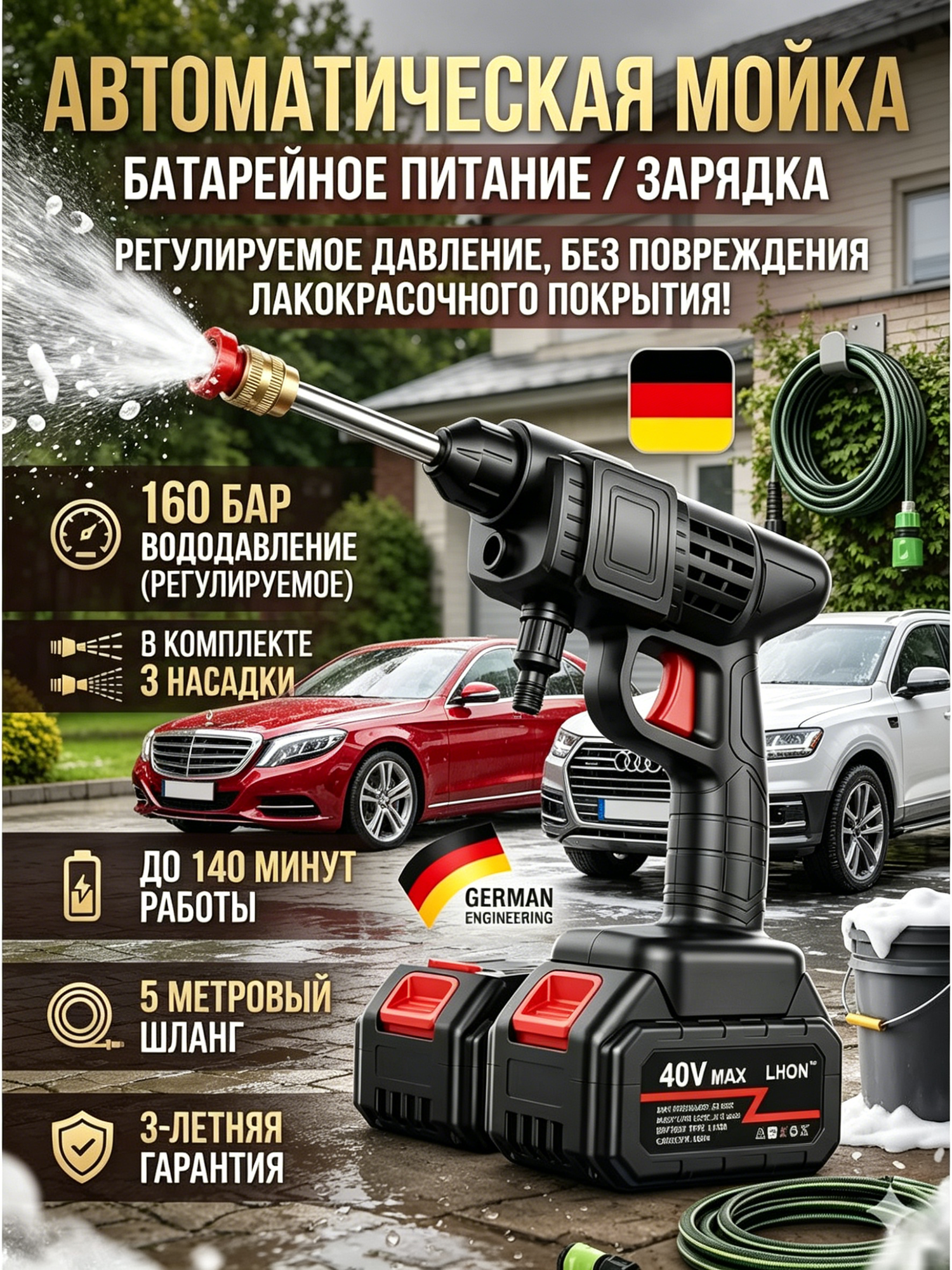 Мойка высокого давления HIOMEE, портативная, аккумуляторная, с фильтром, в кейсе