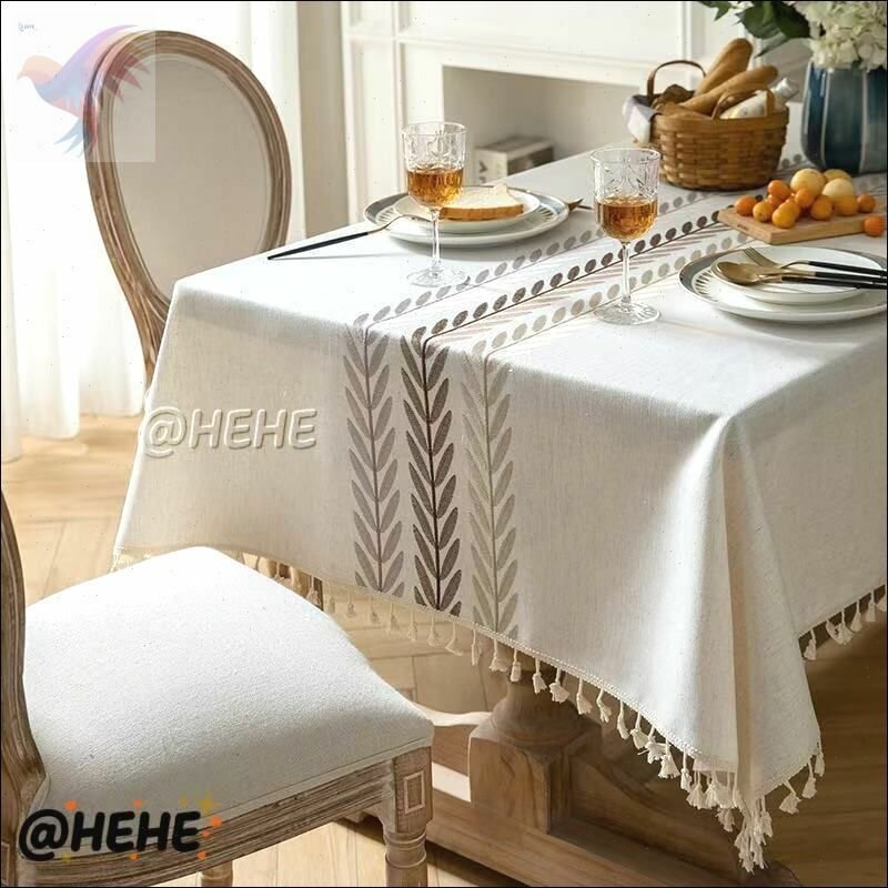 Скатерть HEHE с растительным орнаментом и бахромой, бежевая, 150x200 см, для кухни, скатерть