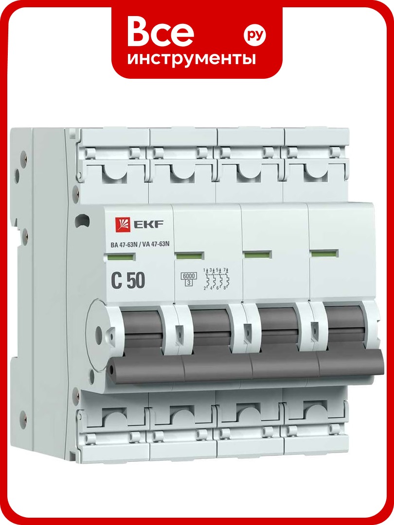 Автоматический выключатель EKF 4P 50А (C) 6кА ВА 47-63N PROxima M636450C