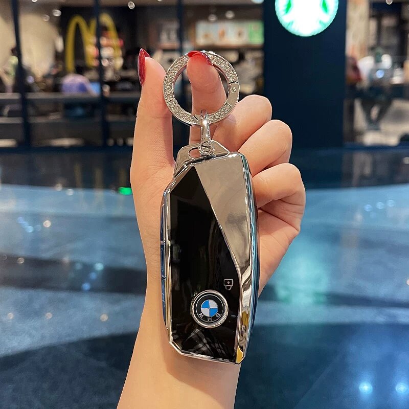 Кейс для ключа BMW 5-й серии, подходит для 3, 5, 7 серий — темно-черный с диамантами и серебряным ободком