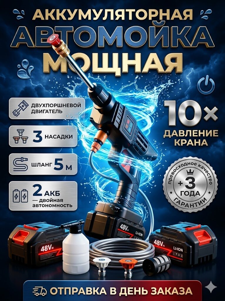 Мойка высокого давления аккумуляторная для автомобиля, Автомойка, в кейсе 2 аккумулятора, 3 насадки
