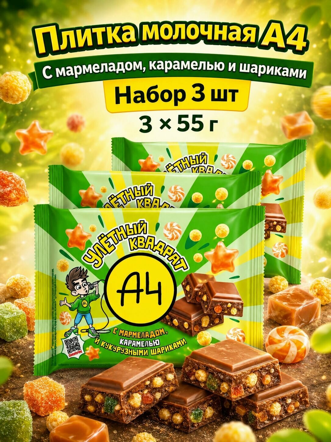 Набор 3 шт шоколада А4 с мармеладом, карамелью и шариками, шоколад молочный
