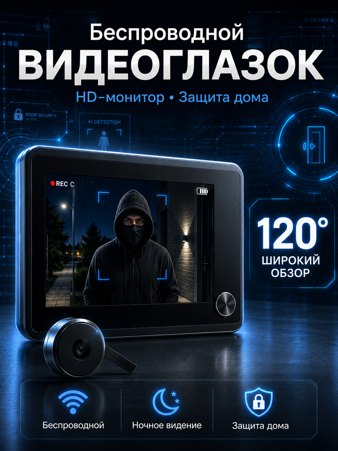 Видеодомофон с радаром 4.3" Wi-Fi 1080P HD: датчик движения, запись без карты памяти