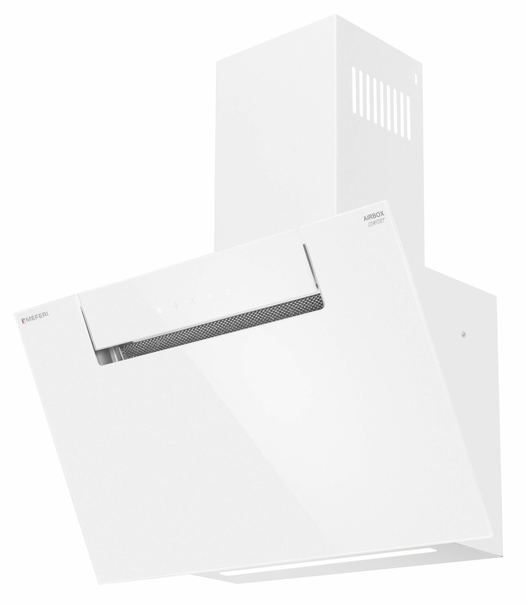 Вытяжка кухонная MEFERI AIRBOX60WH COMFORT на 60 см наклонная, белая, стекло, производительность 950 м3/ч, 3 скорости, низкий уровень шума, режимы отвод и рециркуляция