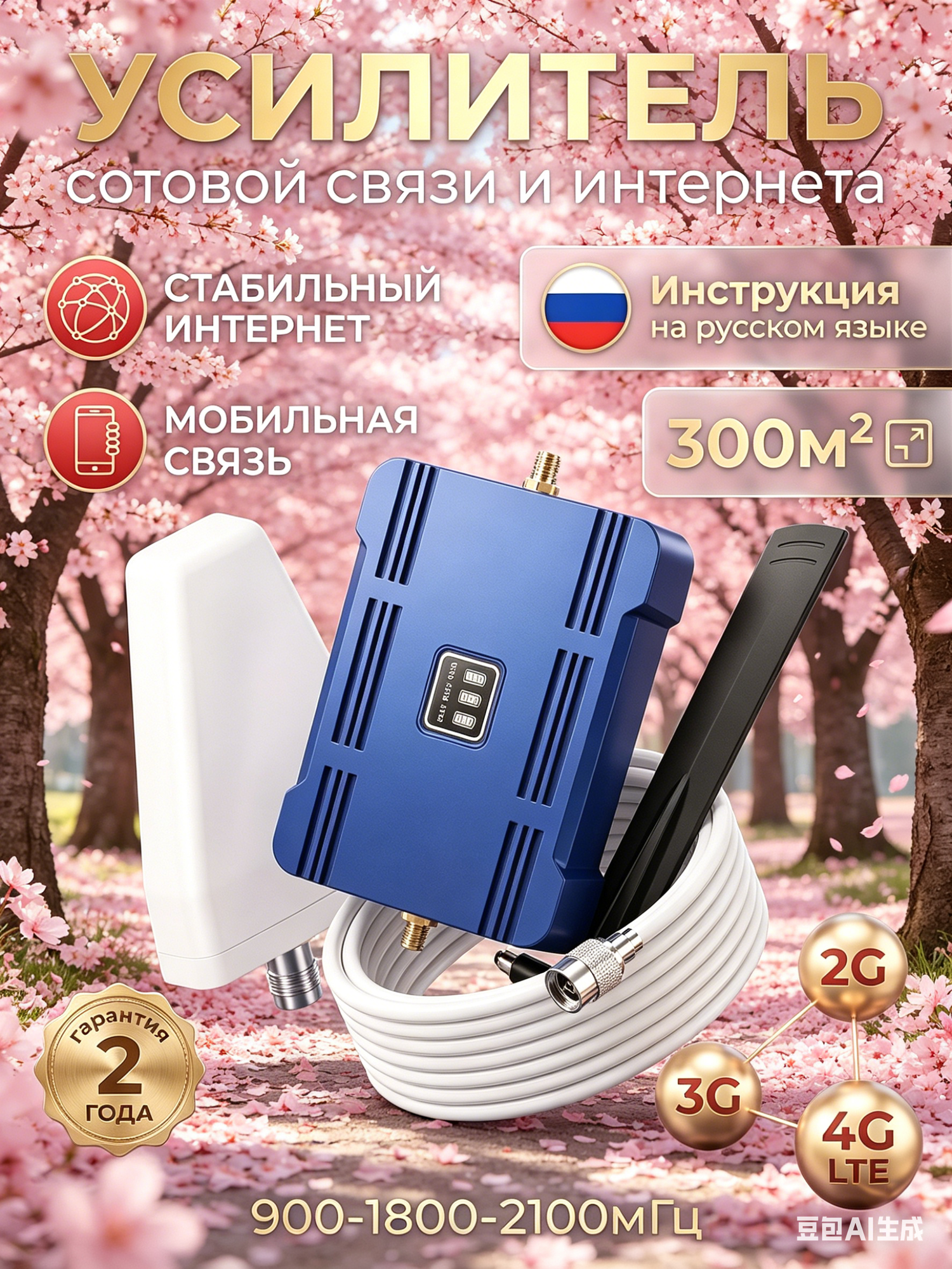 Усилитель сотовой связи 900/1800/2100 МГц (2G/3G/4G): до 70 км, направленный, синий, 1.3 кг