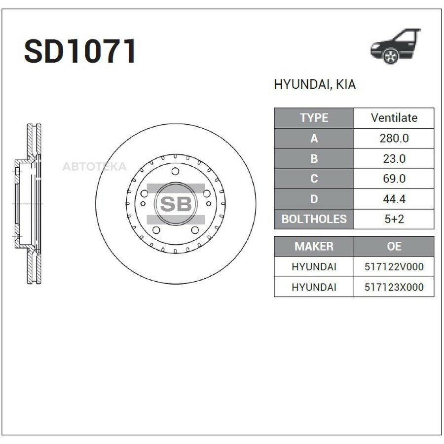 Диск тормозной передний (280х23) 5 отв SANGSIN BRAKE SD1071 HY Elantra 12-, I30 (GD) 11-, Veloster (FS) 11-;> / KIA (DYK) K3 12-, KIA Ceed 12-, Pro Ceed 13-;