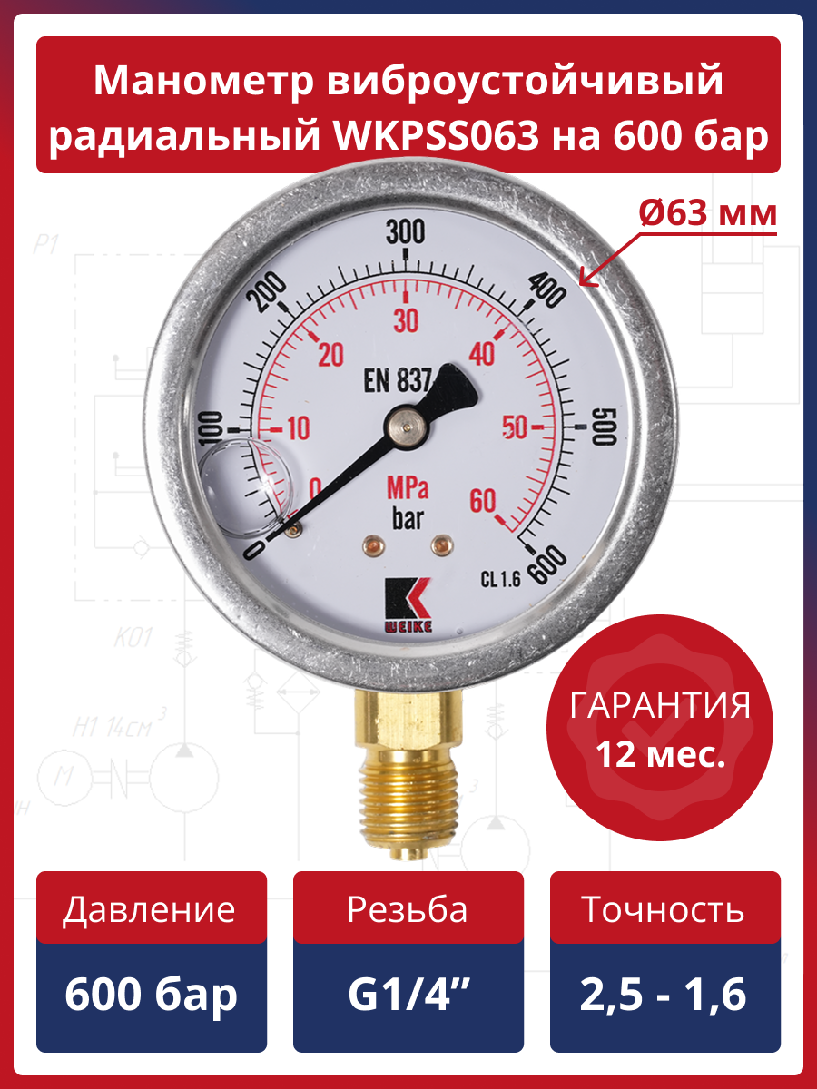 Манометр виброустойчивый WKPSS063 600 bar 1/4BSP (M635RL, ТМ-320Р)