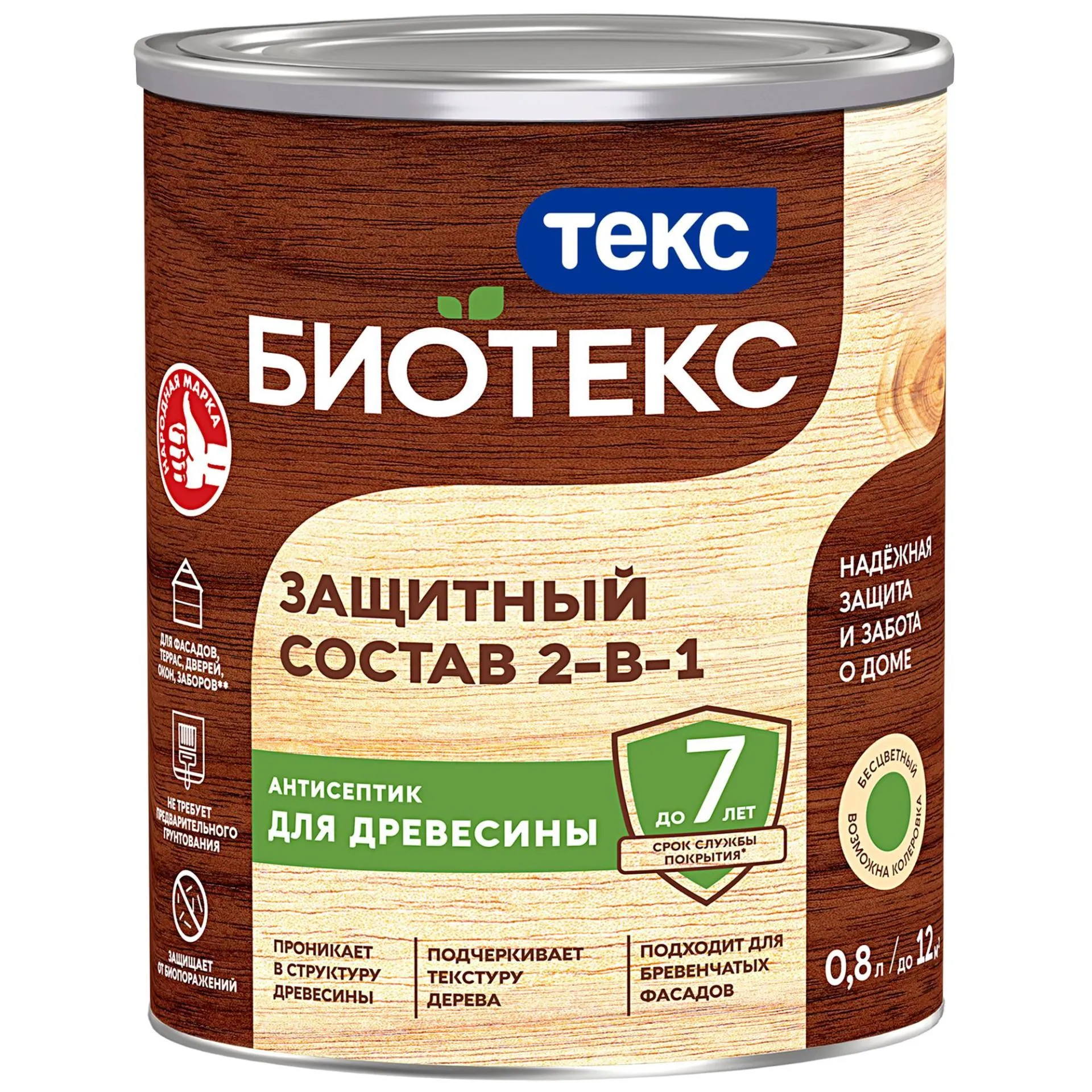 Текс Биотекс защитный состав для древесины бесцветный (0,8л) / грунтовка + антисептик + декоративная пропитка