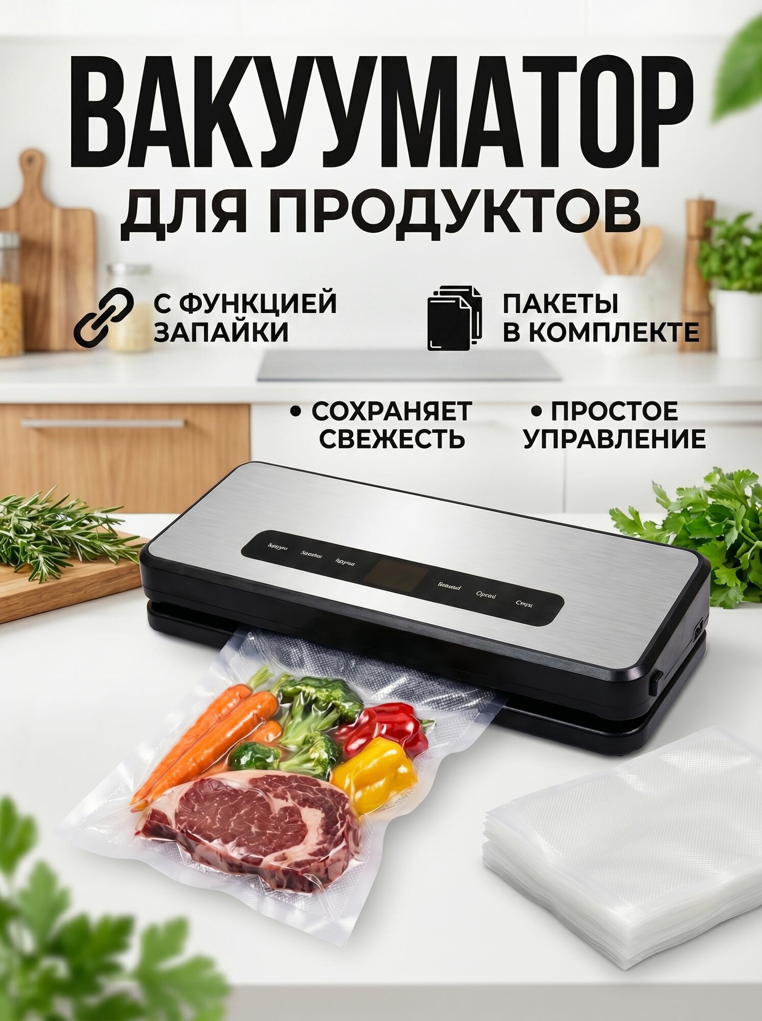 Вакууматор для продуктов с пакетами и резаком мощный