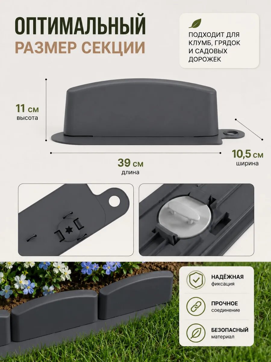 Бордюр садовый декоративный Альт-Пласт для грядок и дорожек, 3 метра, графитовый — фото 1