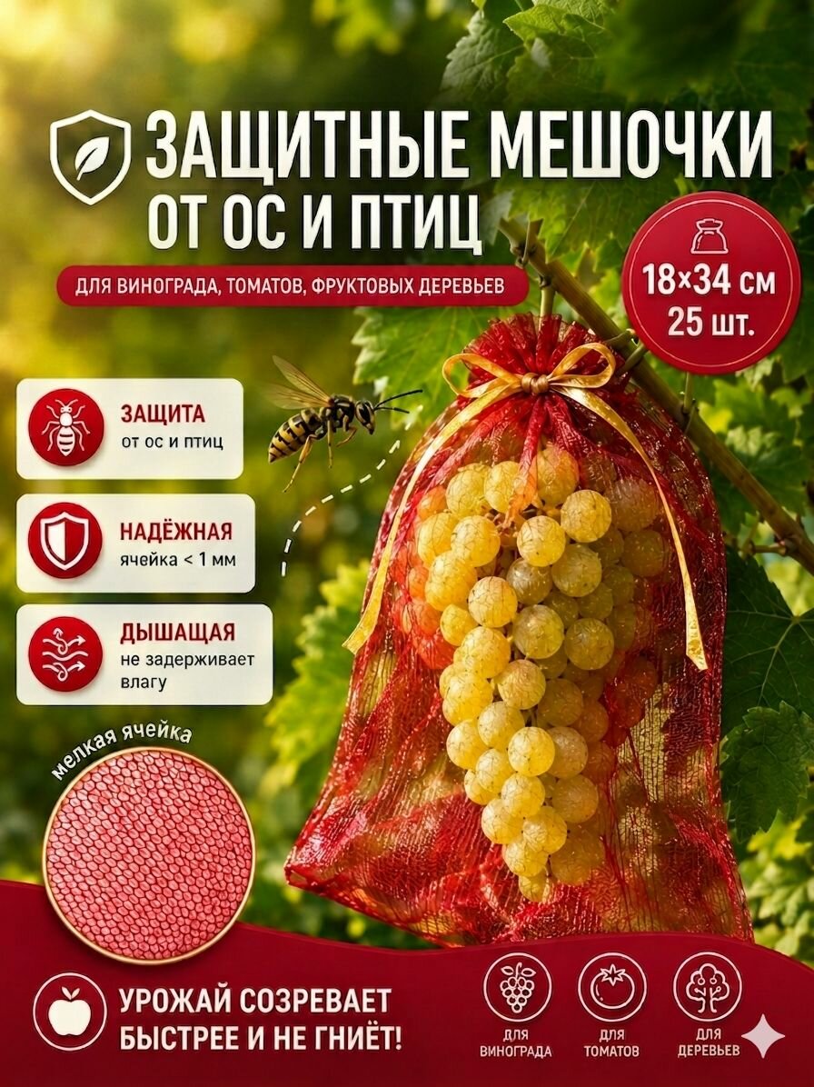 Мешочки для защиты винограда от ос и птиц 18х34 см, 25 шт