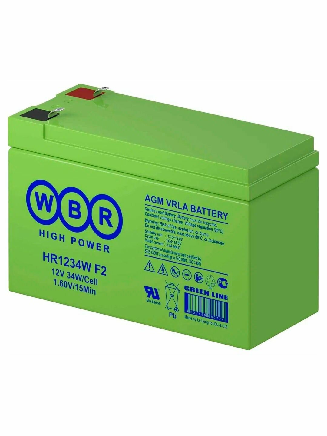 Аккумуляторная батарея WBR HRL 1234W F2, для ИБП, 12 В, 9 А·ч, зеленый