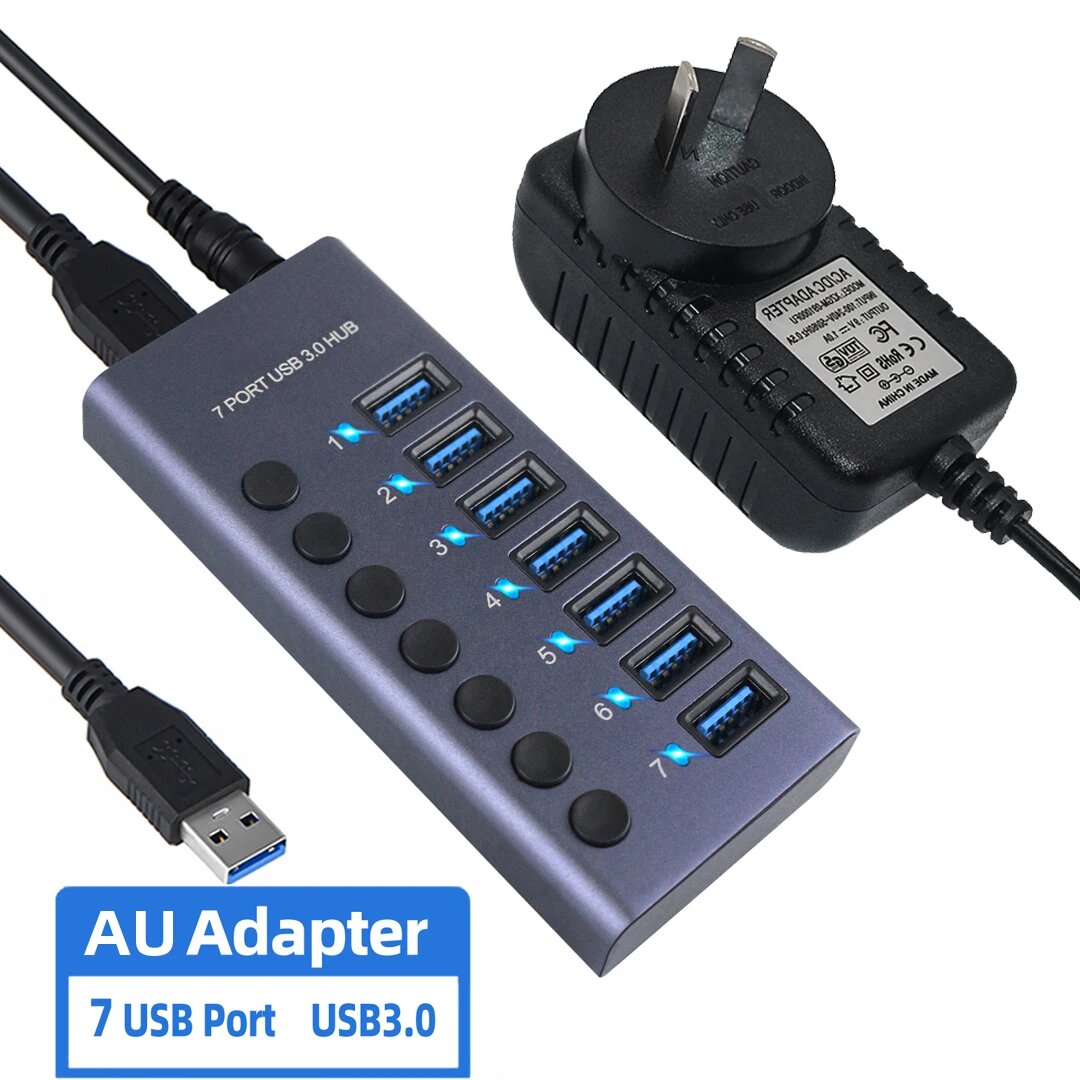 AIXXCO 7-портовый USB 3.0 концентратор с питанием Синий, 7Ports AU Plug