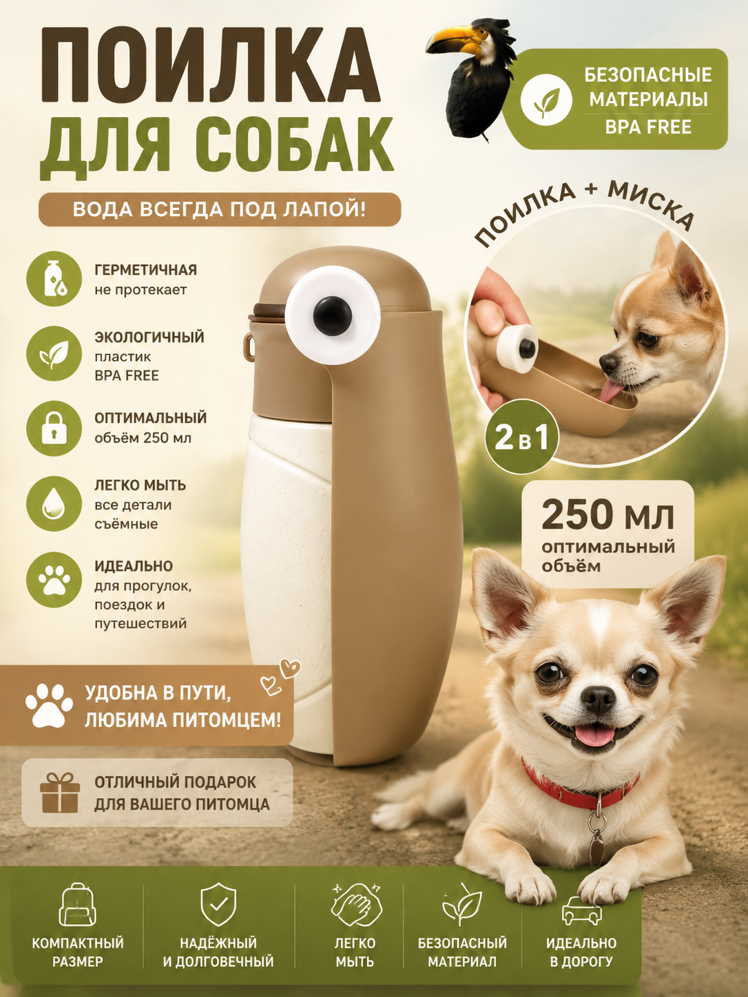 Поилка для собак дорожная, прогулочная, 250мл. Бирюза