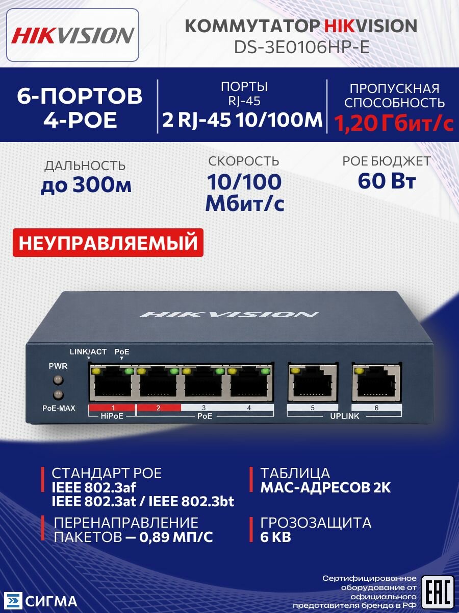 Коммутатор HIKVISION DS-3E0106HP-E, сетевой коммутатор для локальной сети, подключение устройств дома и в офисе