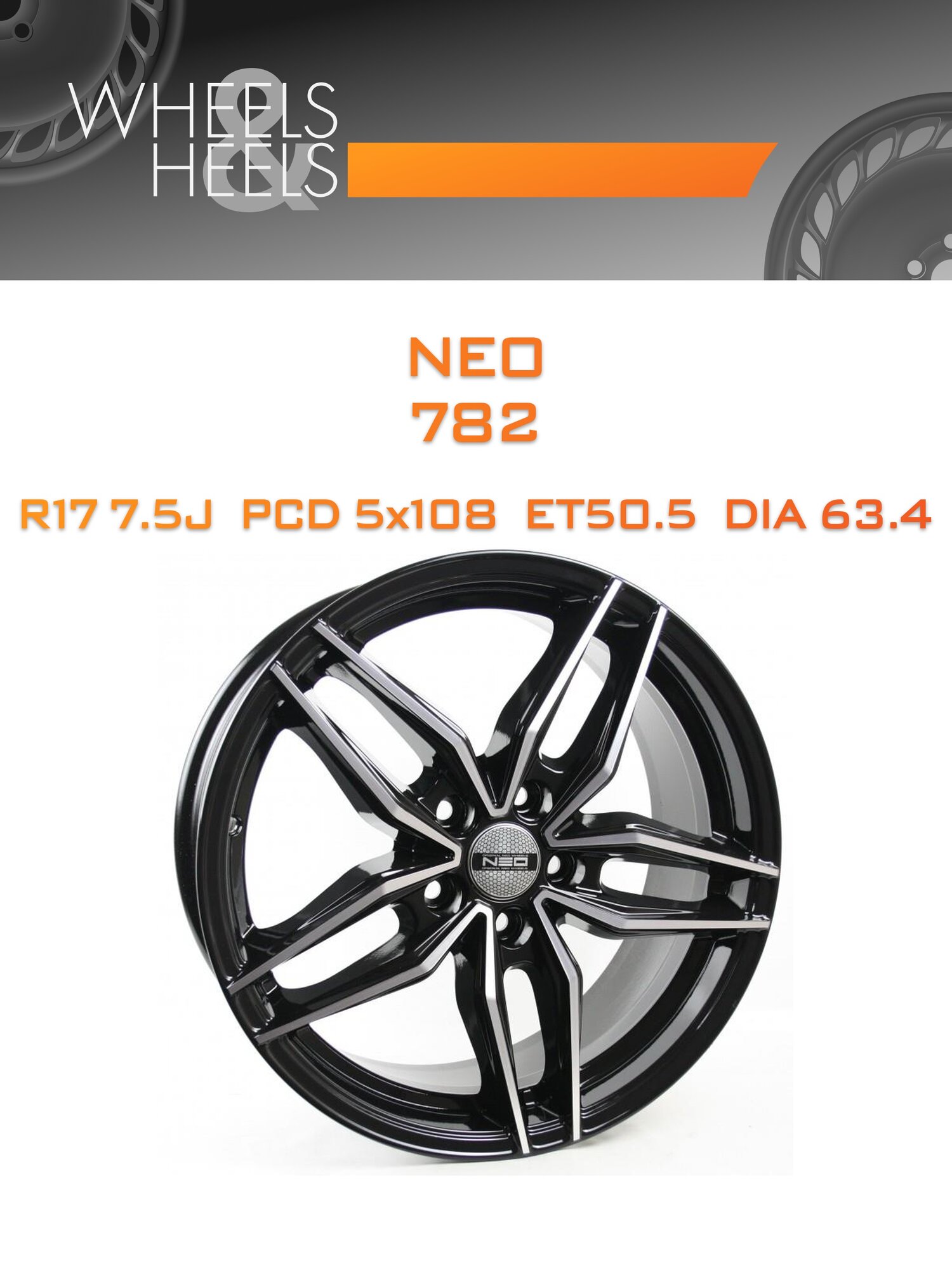 Диск автомобильный литой NEO 782 17x7.5 5x108 et50.5 dia63.4 Чёрный с полированной лицевой частью
