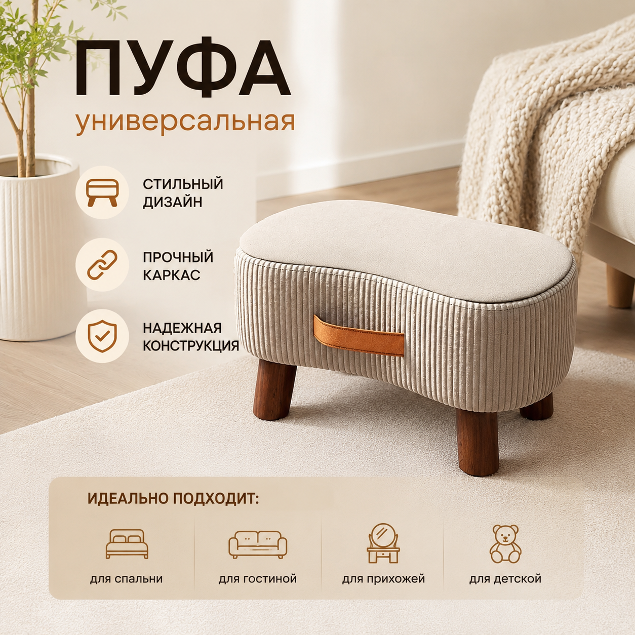 Короткий продающий заголовок: Компактная подставка для ног с ручкой, маленький пуф под диван