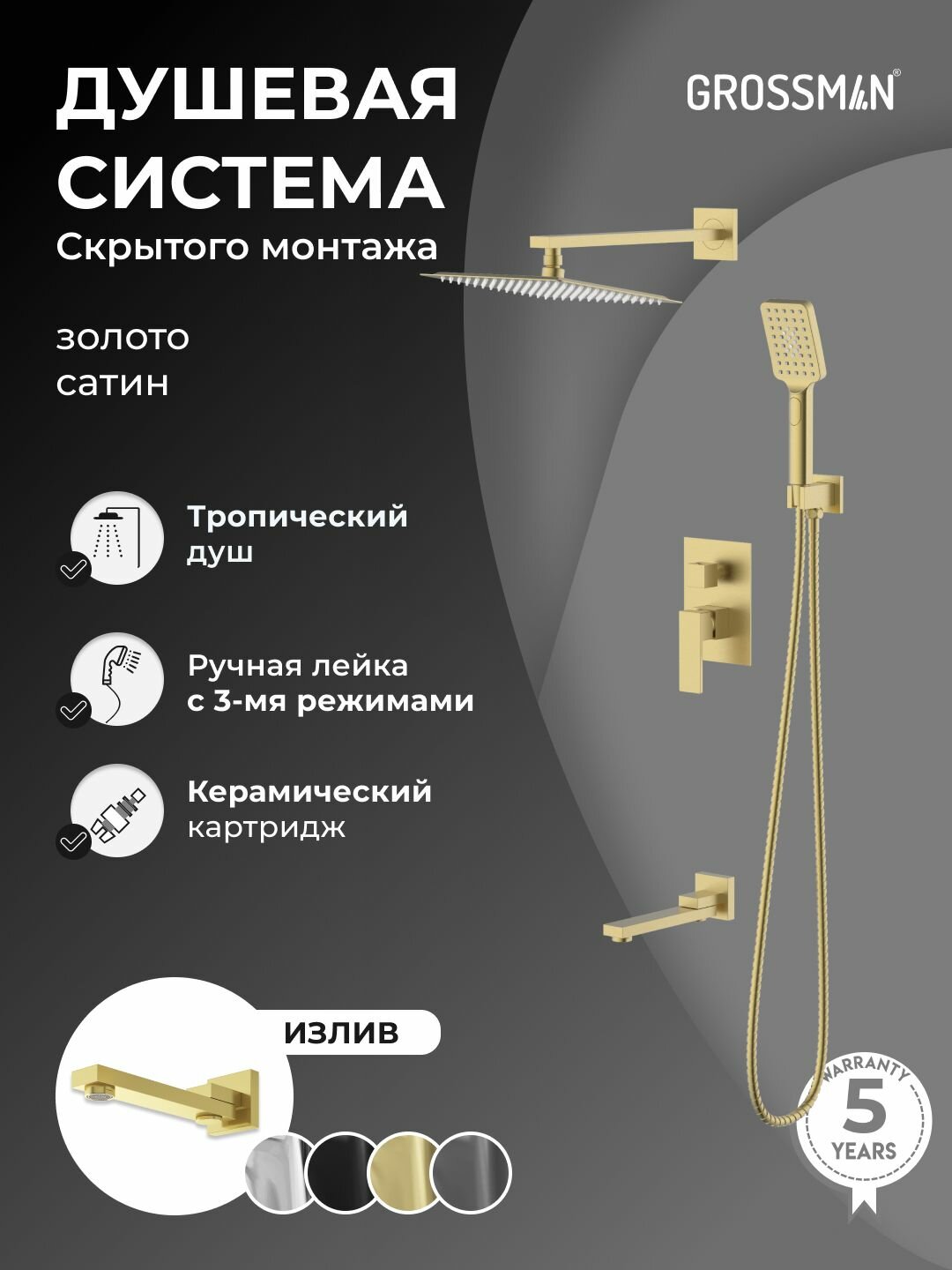 Душевая система скрытого монтажа Grossman Style золото сатиновый