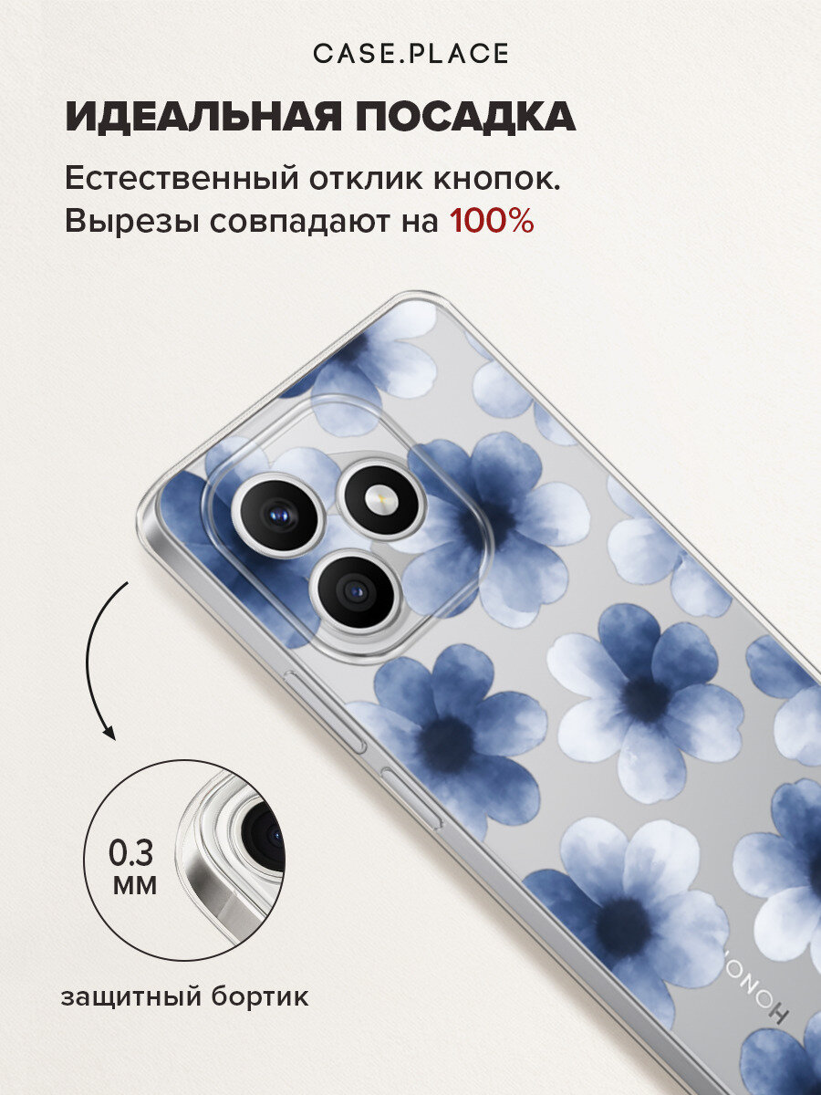 Чехол на Honor X8d / Хонор X8d с принтом Голубо-синие цветы, прозрачный — фото 1