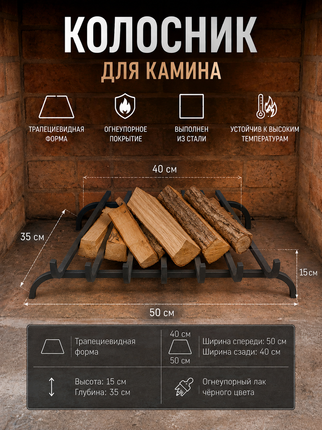 Колосник для камина "Прима 3.0", трапециевидный, сталь, черный огнеупорный лак, 50x35x15 см