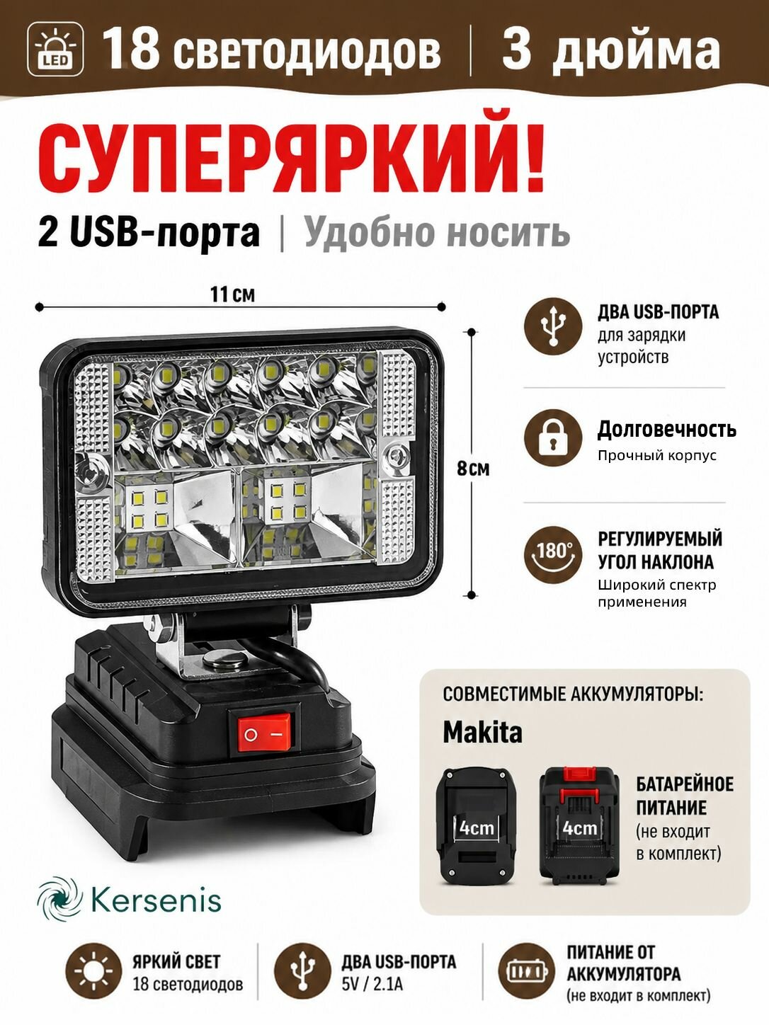 LED рабочий фонарь под аккумулятор Makita 18-21 В, аккумуляторный прожектор с USB, подходит для кемпинга и аварийного освещения, без АКБ и ЗУ рабочий фонарь светодиодный прожектор аккумуляторный фонар