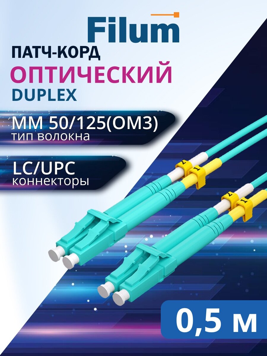 Патч-корд волоконно-оптический Filum LC/UPC-LC/UPC, MM (OM3 50/125), LSZH, 0.5м