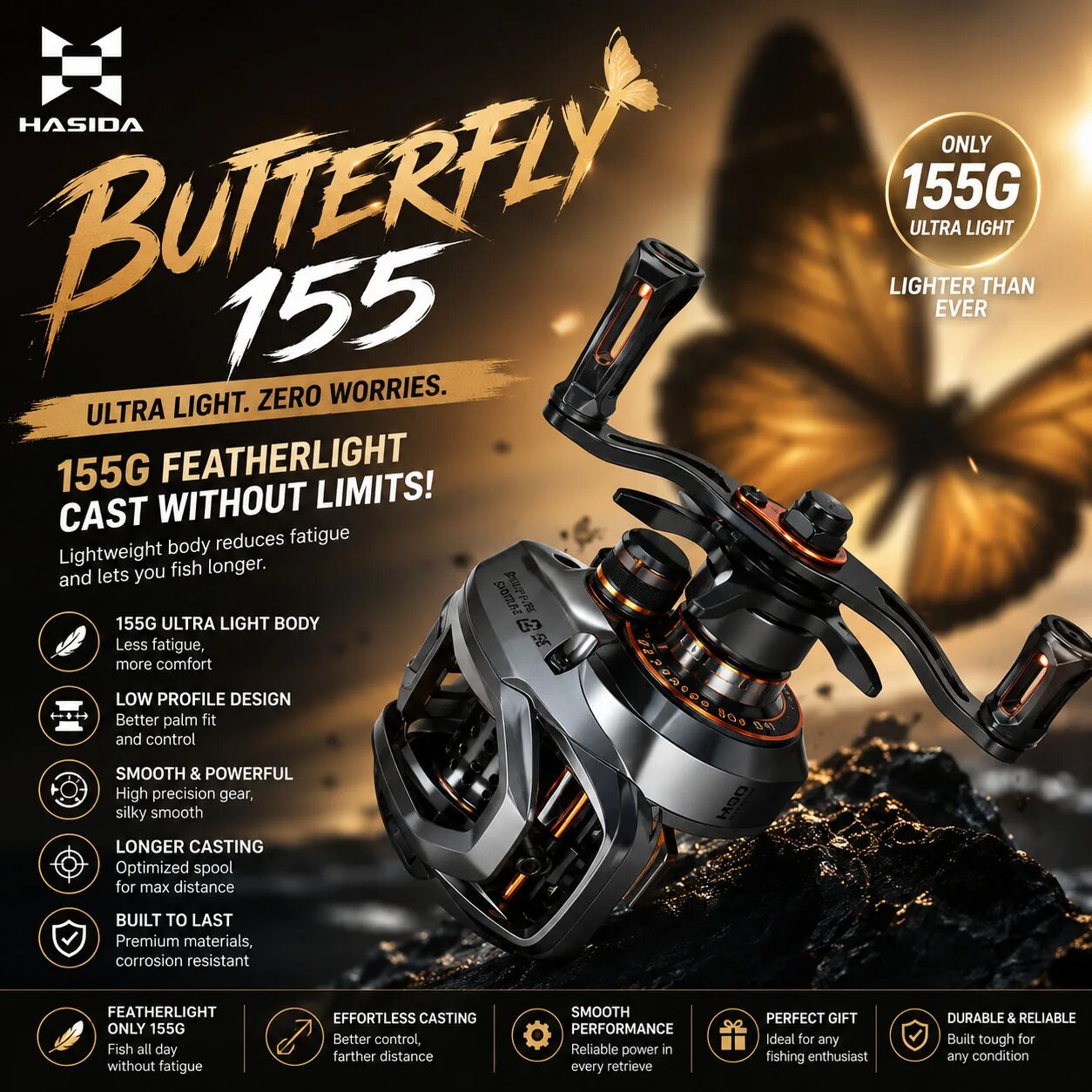 HASIDA Butterfly II BFS, леворукая катушка для байкастинга, semi ceramic BB