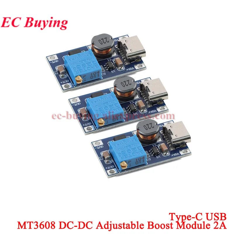 Регулятор напряжения EC Buying MT3608 2В-24В в 5В-28В 2А Micro USB Синий, MT3608 TYPE-C 3pcs