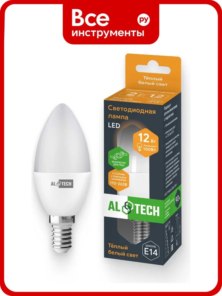 Лампочка светодиодная ALTECH LED С35-12W-830-E14 12Вт свеча теплый белый свет 4673758070104