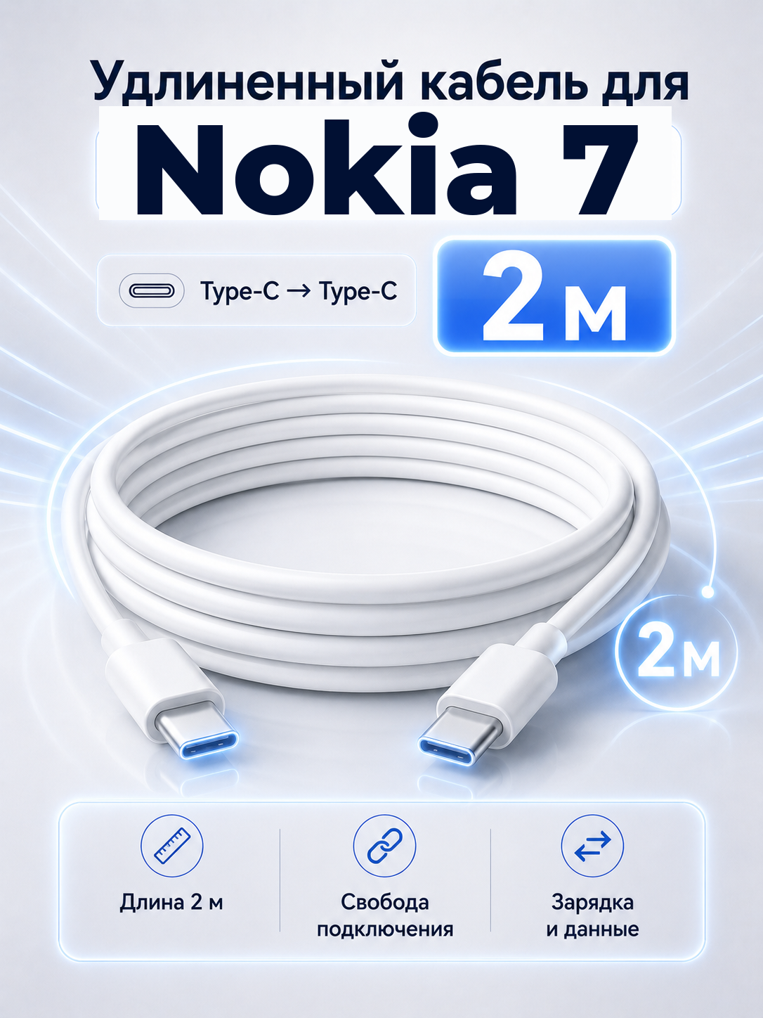 Удлиненный кабель для Nokia 7 Type-C на Type-C, 2 м