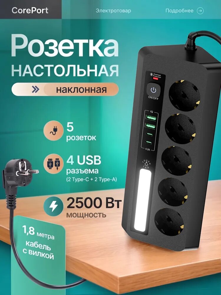 Сетевой фильтр-удлинитель настольный, 5 розеток и 4 USB (2 Type-C, 2 USB-A), с ночником, защита от перенапряжения, 1.8 м