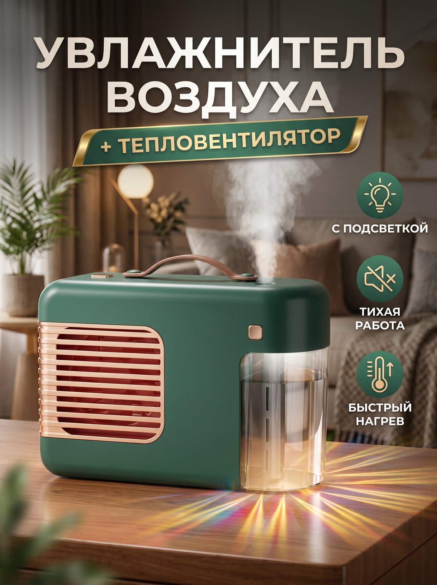 Увлажнитель воздуха 4 в 1 для дома настольный с подсветкой/Аромадиффузор увлажнитель / Ночник / Диффузор для дома