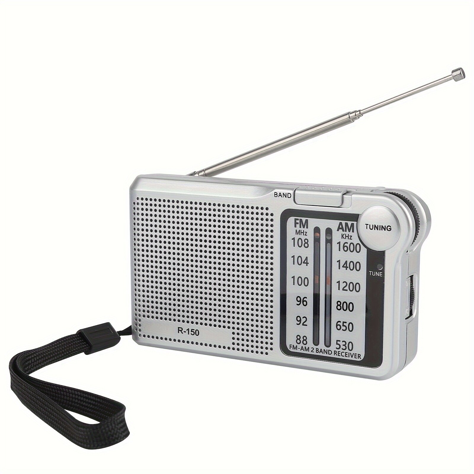 Портативный радиоприемник R-150 AM/FM с динамиком, разъемом для наушников, работает от 2 батареек AA (батарейки не входят), для помещений, улицы и экстренного использования, серебристый