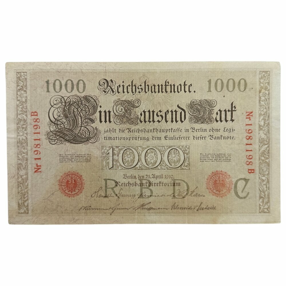 Германская империя 1000 марок 1910 г. (Красные печати) (Литера C) (Серия B) (7-значный номер)