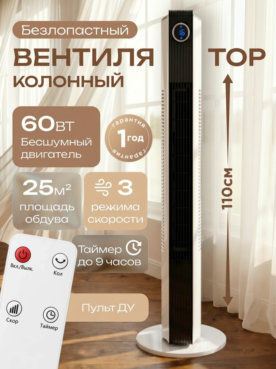 Вентилятор напольный с пультом колонный, таймер, функция поворота, LED индикация
