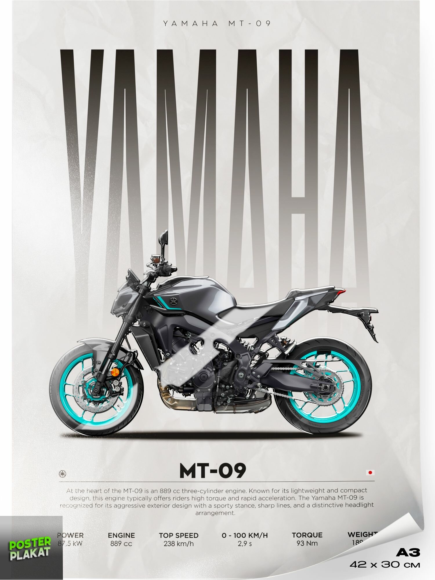 Постер на стену с мотоциклом, Yamaha MT-09, мото Ямаха, для интерьера, А3 (420х297 мм), Постер Плакат