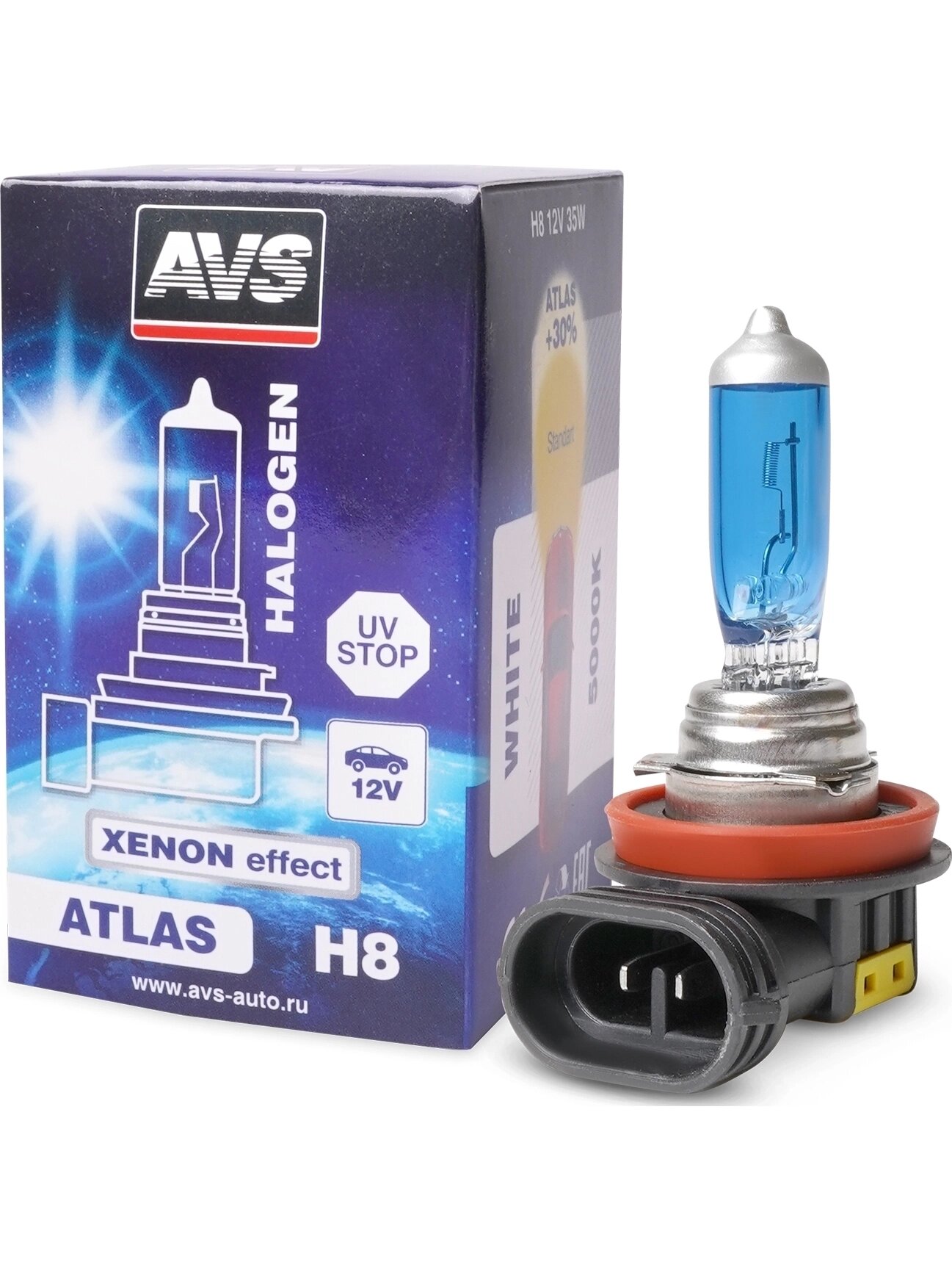 Галогенная лампа AVS ATLAS H8 1шт. 5000К 12V 35W- яркий белый цвет, кварцевое стекло, керамический патрон