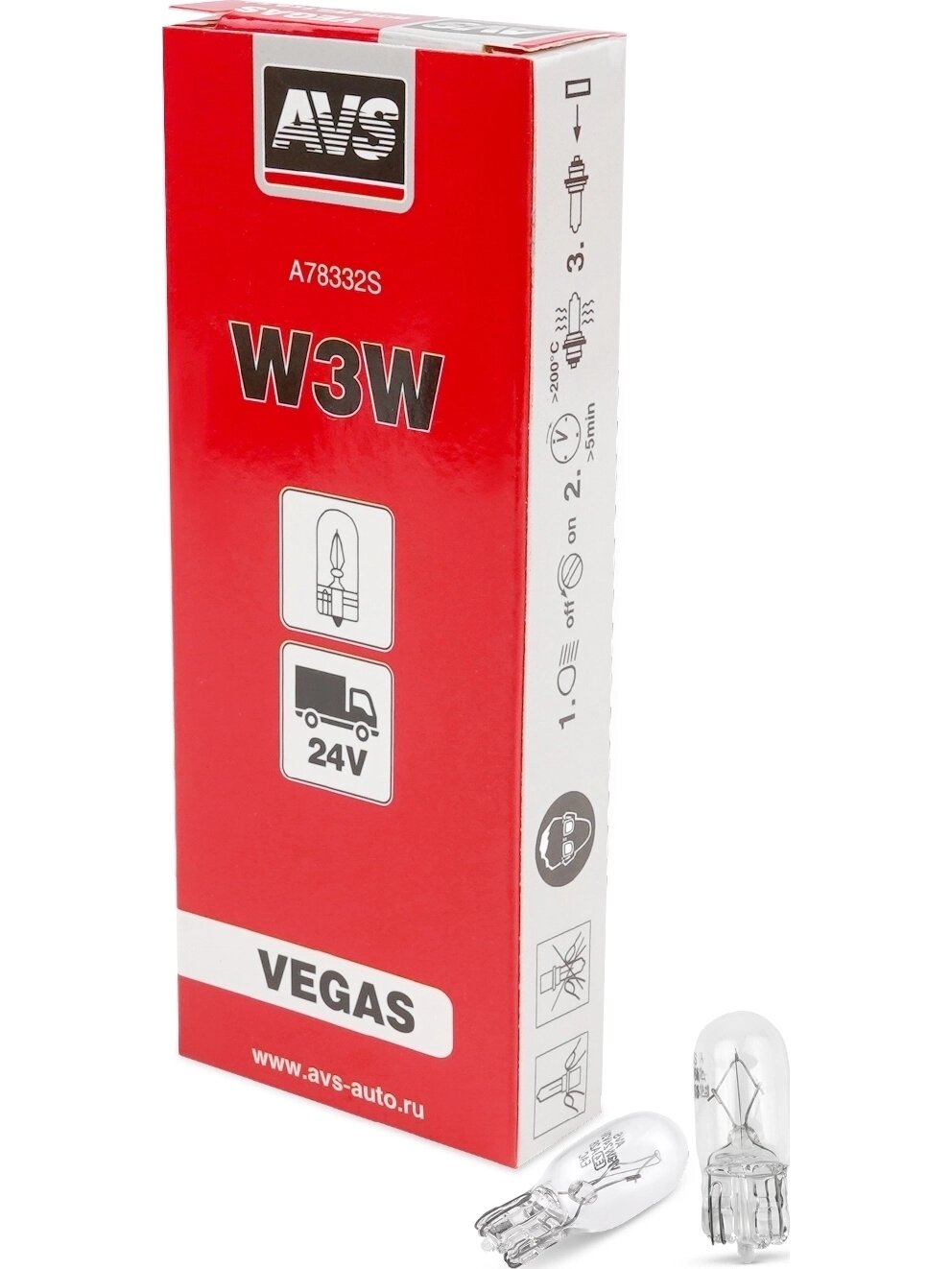 Лампа AVS Vegas W3W W2,1x9,5d (A78332S) 10 шт. - рабочее напряжение 24V, мощность 3W