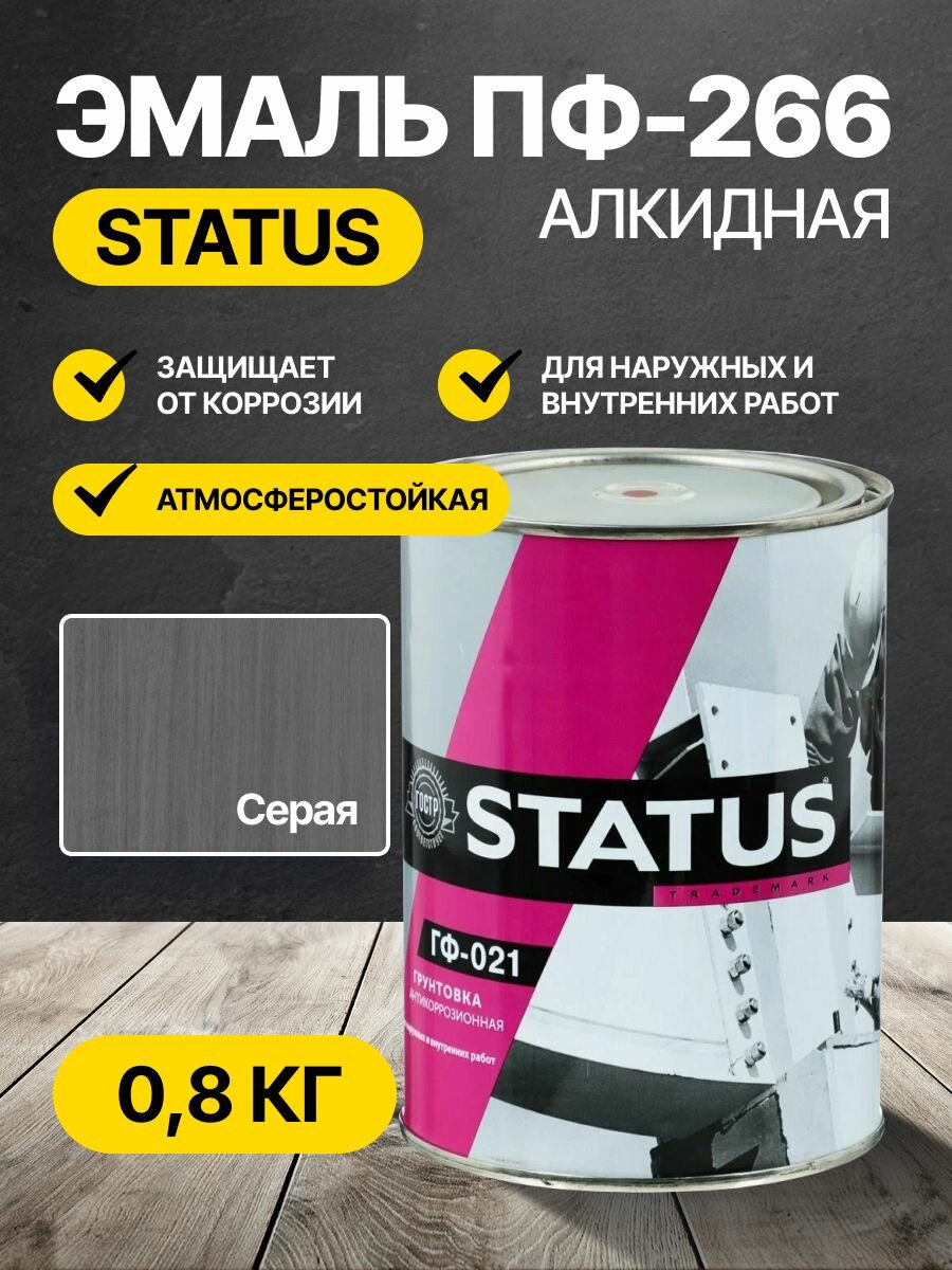 Грунтовка ГФ-021 серая STATUS 0,8кг радугамалер / по металлу, дереву, бетону, антикоррозийная для наружных и внутренних работ