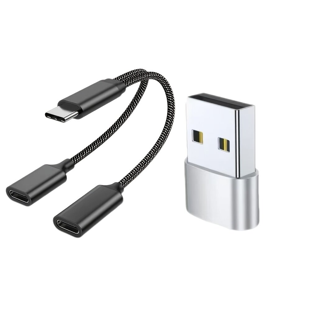 Адаптер USB-C двойной (штекер) для одновременного подключения двух устройств (наушники, SSD, ЦАП, геймпады) и зарядки, серебристый