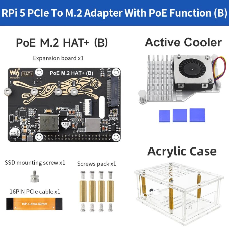 Raspberry Pi 5 PCIe To M.2 с PoE HAT (B) поддерживает протокол NVMe M.2, твердотельный накопитель, высокоскоростное чтение и запись Pi 5 PoE HAT