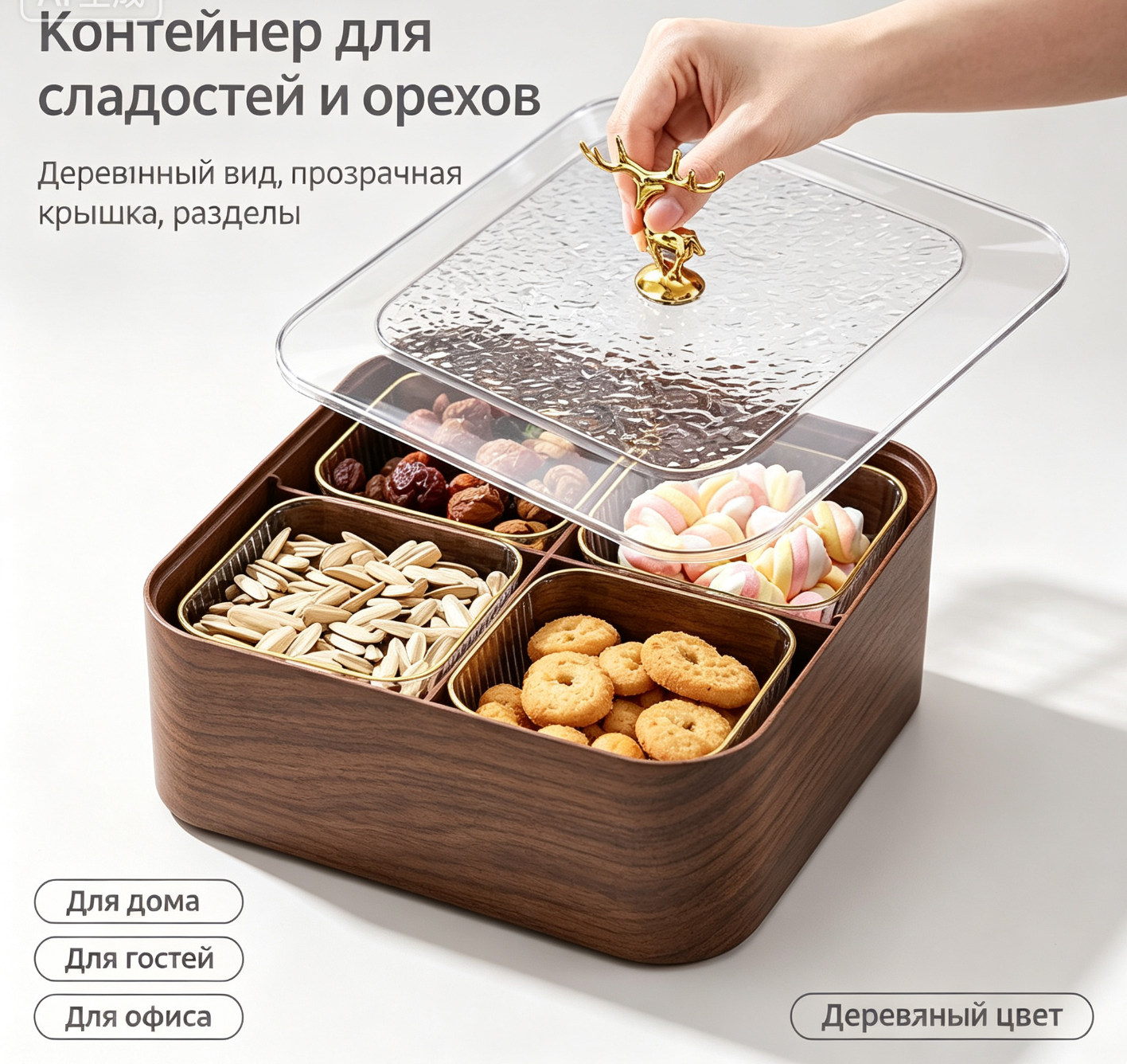 Двухъярусный деревянный поднос для орехов размером 25 см, 8 отделений с герметичной крышкой и ручкой-олень