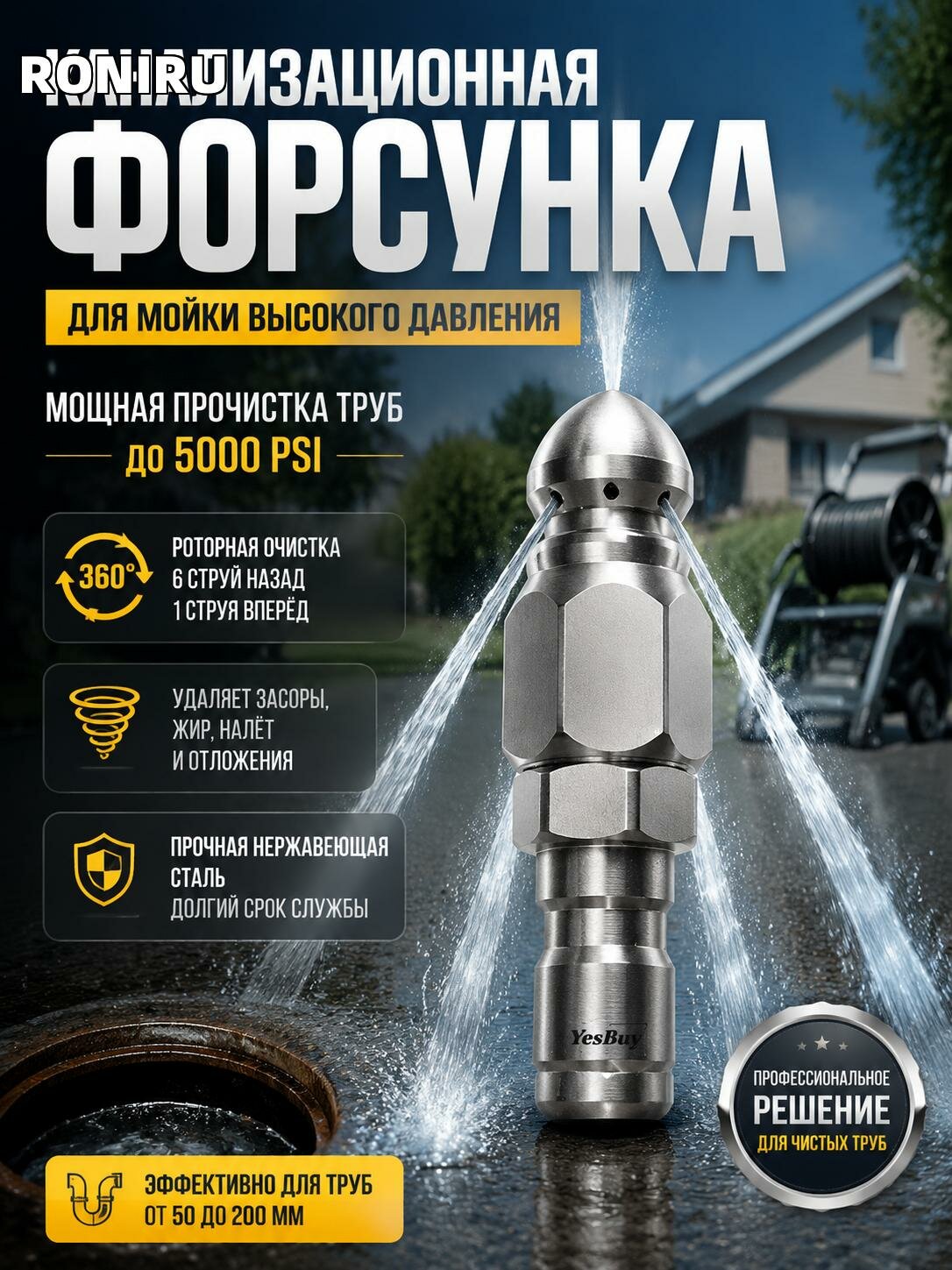 Минимойка высокого давления для прочистки труб 5000 PSI — комплект насадок для канализации и роторная очистка!