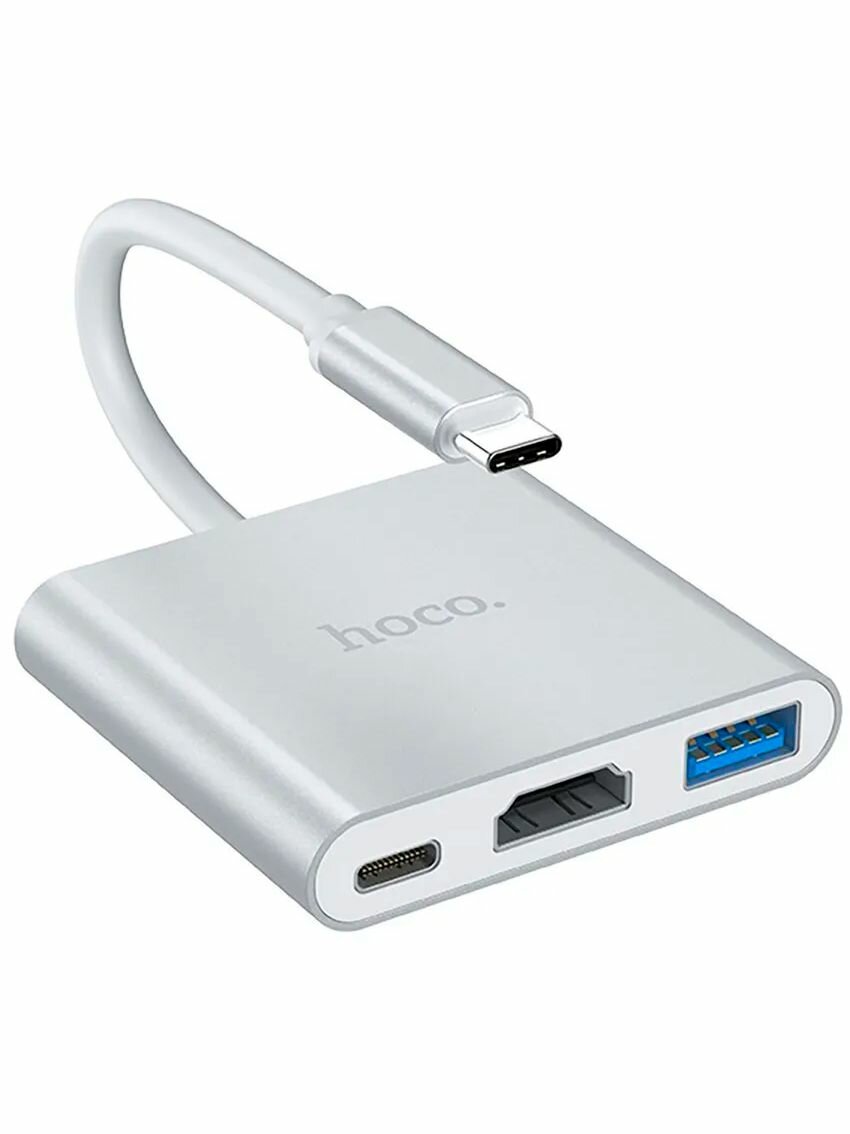Хаб переходник Hoco HB14 Type-C to USB3.0+HDMI+USB-C PD2.0, 67W, серебро (док станция для ноутбука, MacBook)