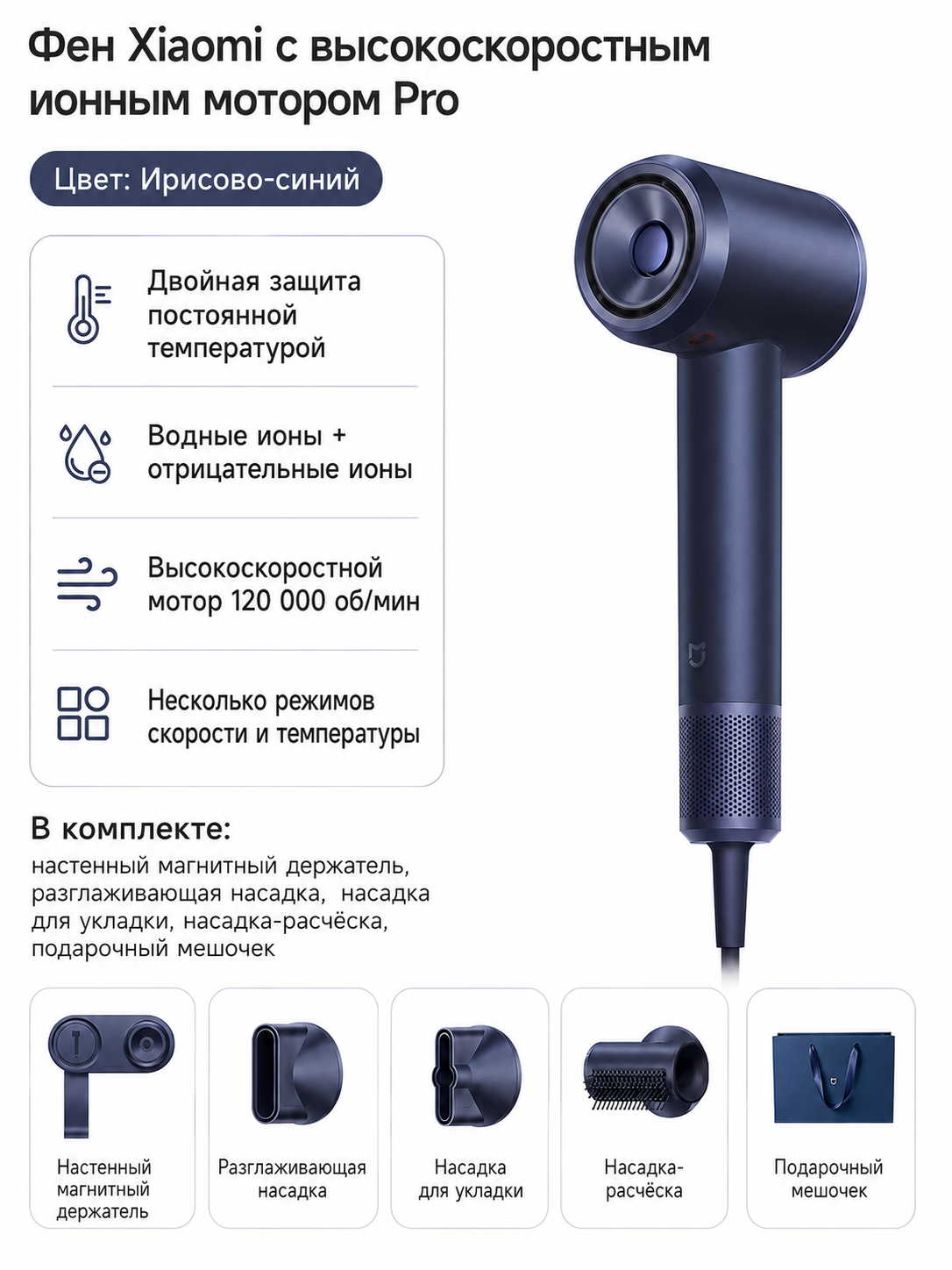 Фен Xiaomi Mijia High-Speed Water Ion Hair Dryer Pro, 1600 Вт, 72 м/с, ионы, защита кожи головы，Синий